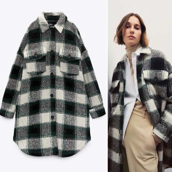 Zara | Jackets & Coats | Zara Long Plaid Overshirt Shacket Green Black ...